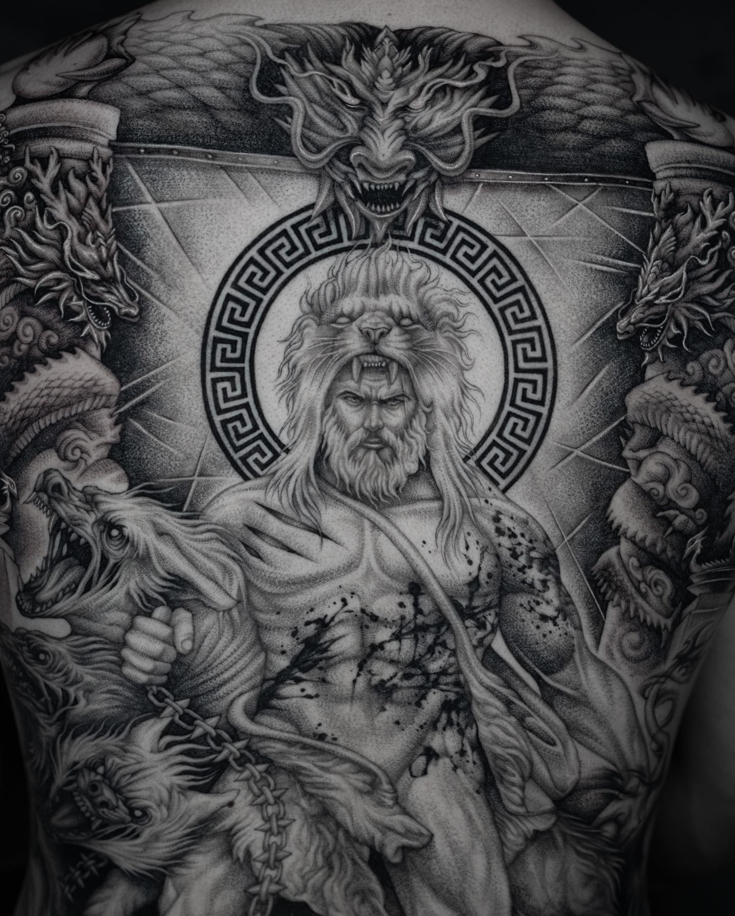 Epic Full Back Piece Tattoo: Hercules Battling Mythical Creatures ...