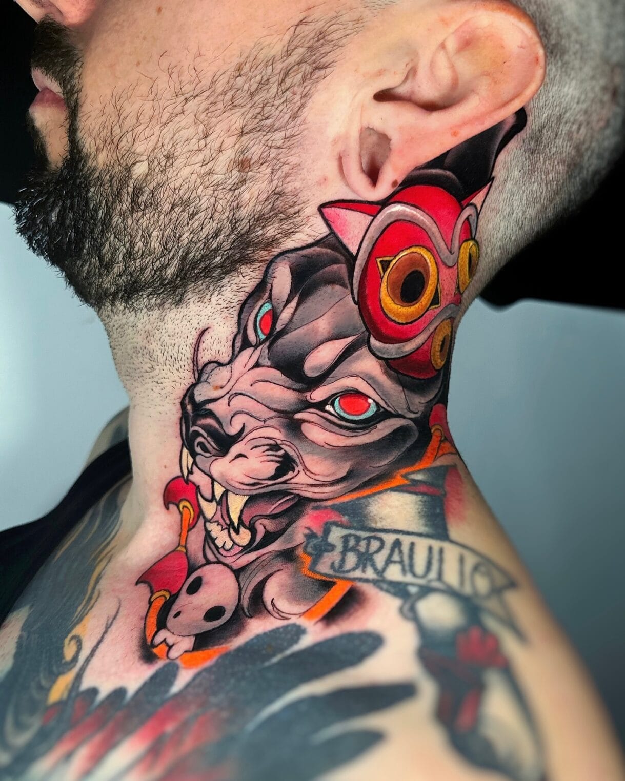 Bold Wolf Tattoo on Neck in Neo Traditional Style - Best tattoo shop in ...