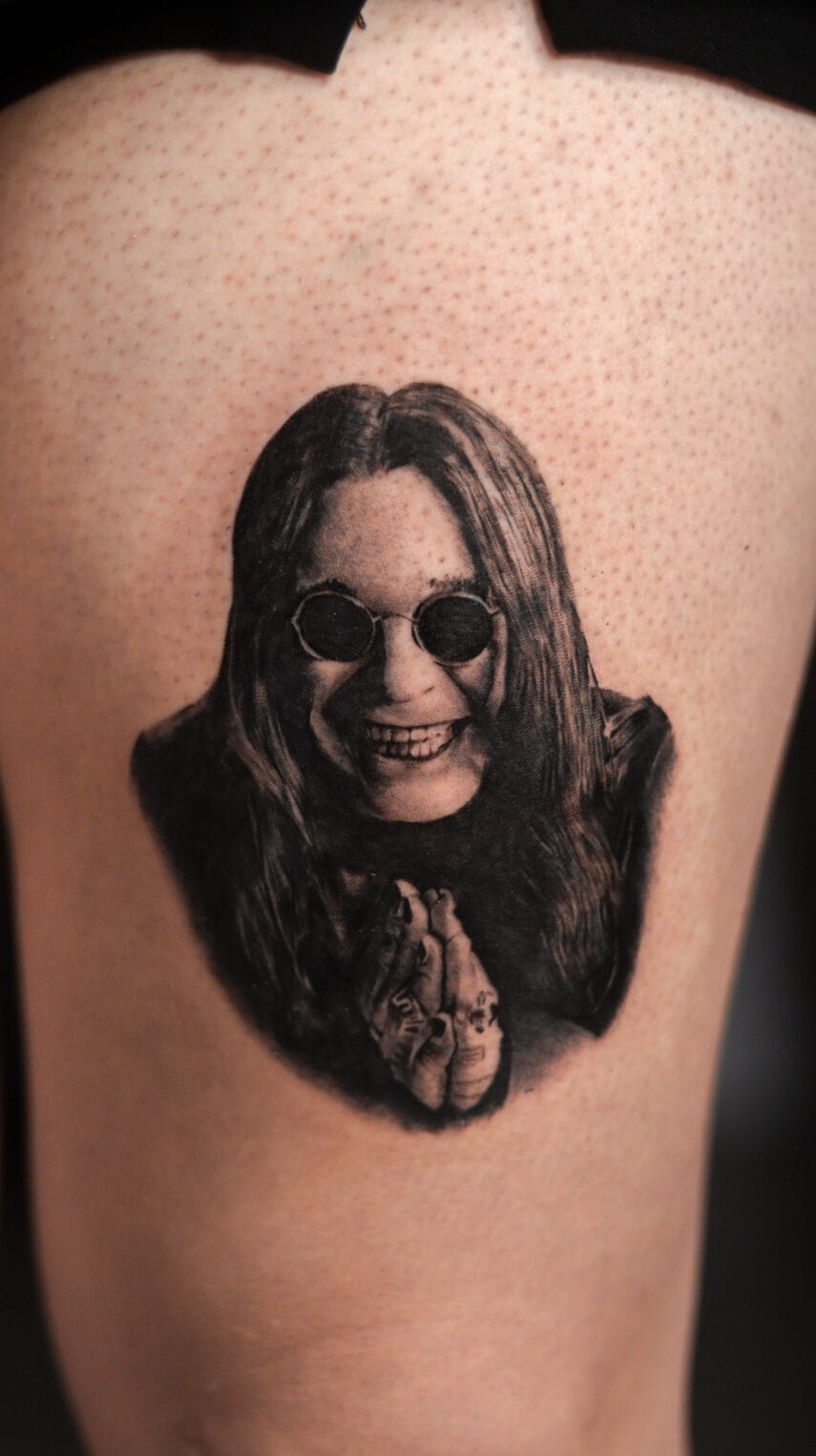 Ozzy Osbourne Portrait Tattoo on Thigh - Best tattoo shop in Los ...