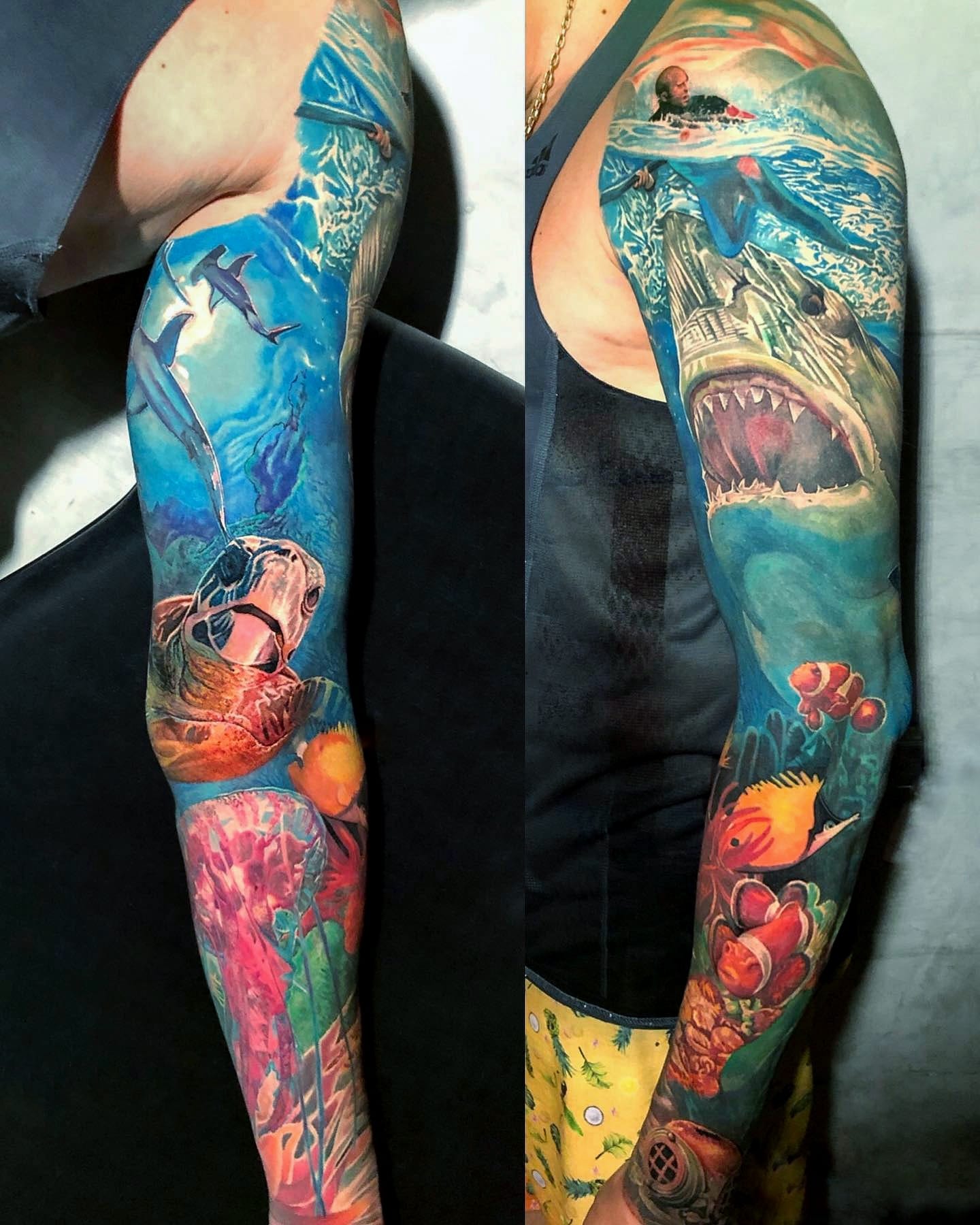 Shark Tattoo Sleeve with Megalodon and Marine Life - Best tattoo shop ...